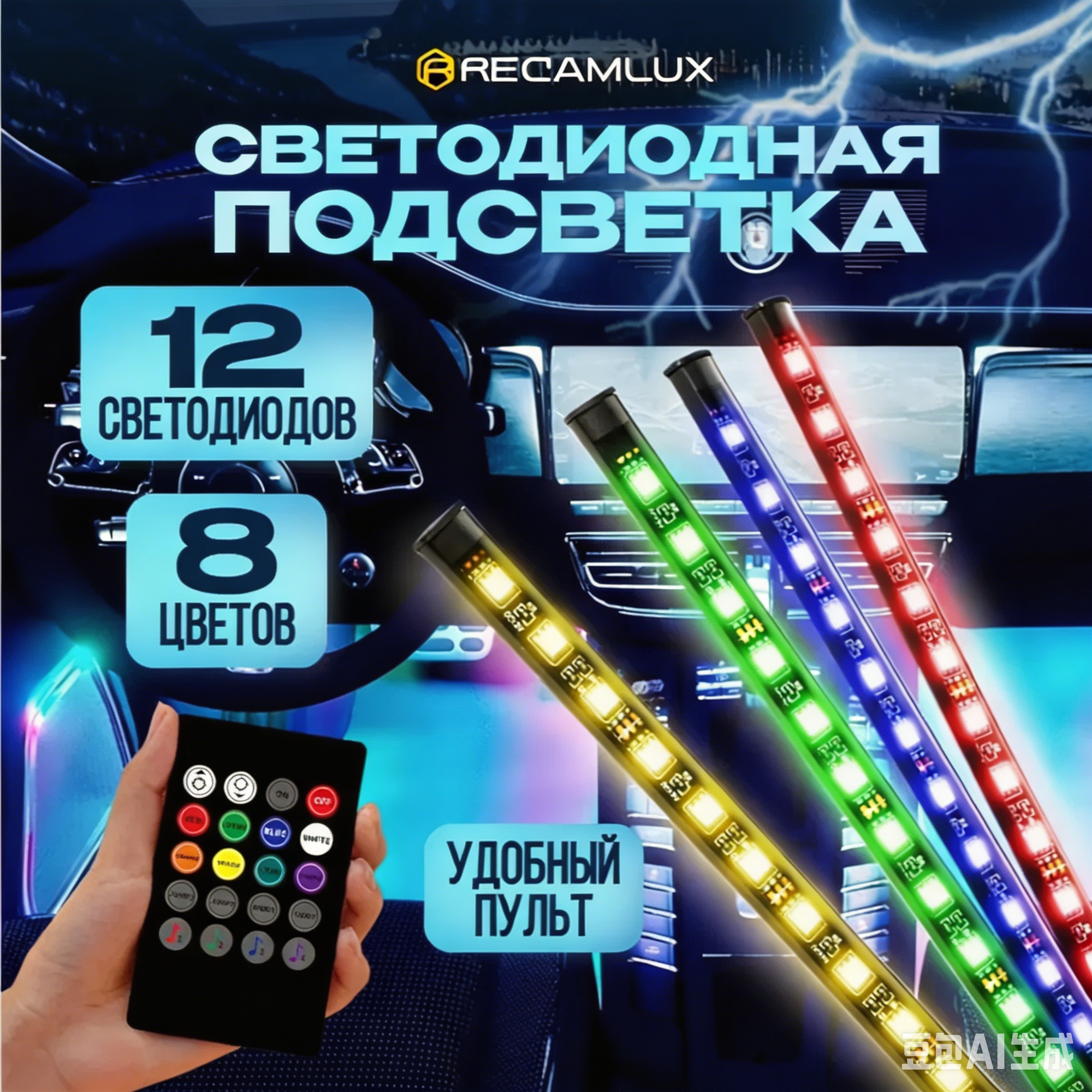 Светодиодная подсветка салона в авто RGB лента в машину, 12 светодиодов, 8 цветов с пультом и цветомузыкой под ноги