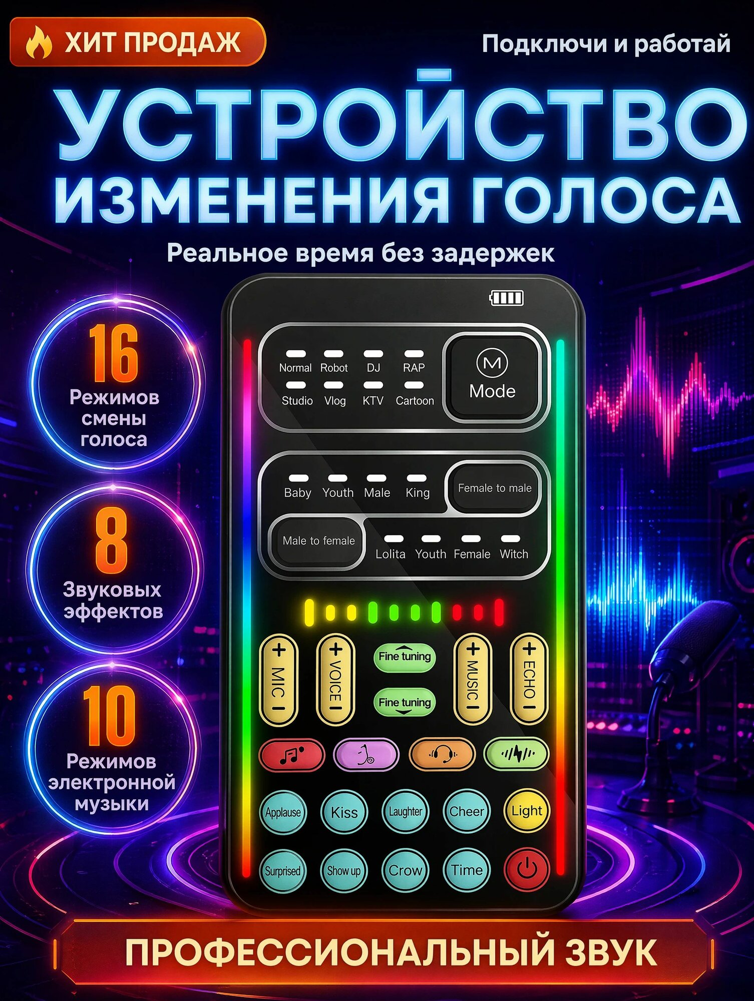 Микрофон с изменением голоса для телефона и компьютера, преобразователь голоса / Портативный звуковыми эффектами