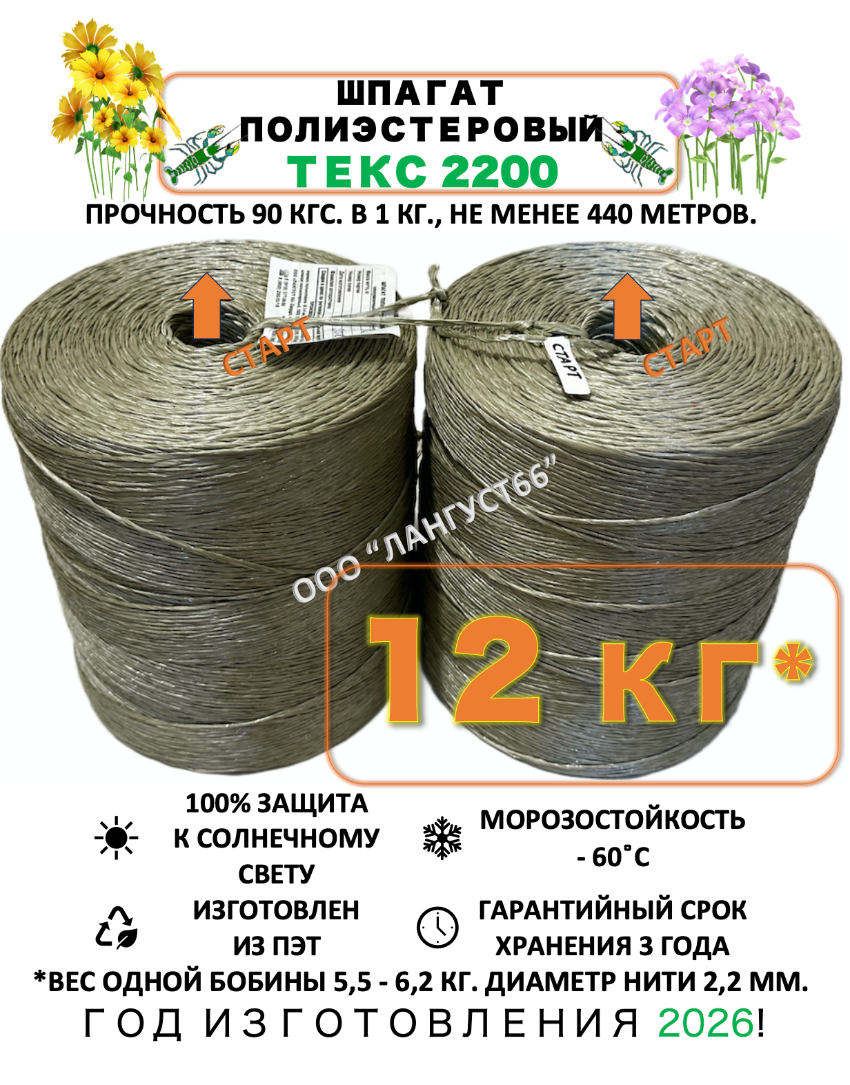 Полиэстеровый шпагат 2,2мм, 2200 текс, 2 бобины 11-12кг, 90кгс.