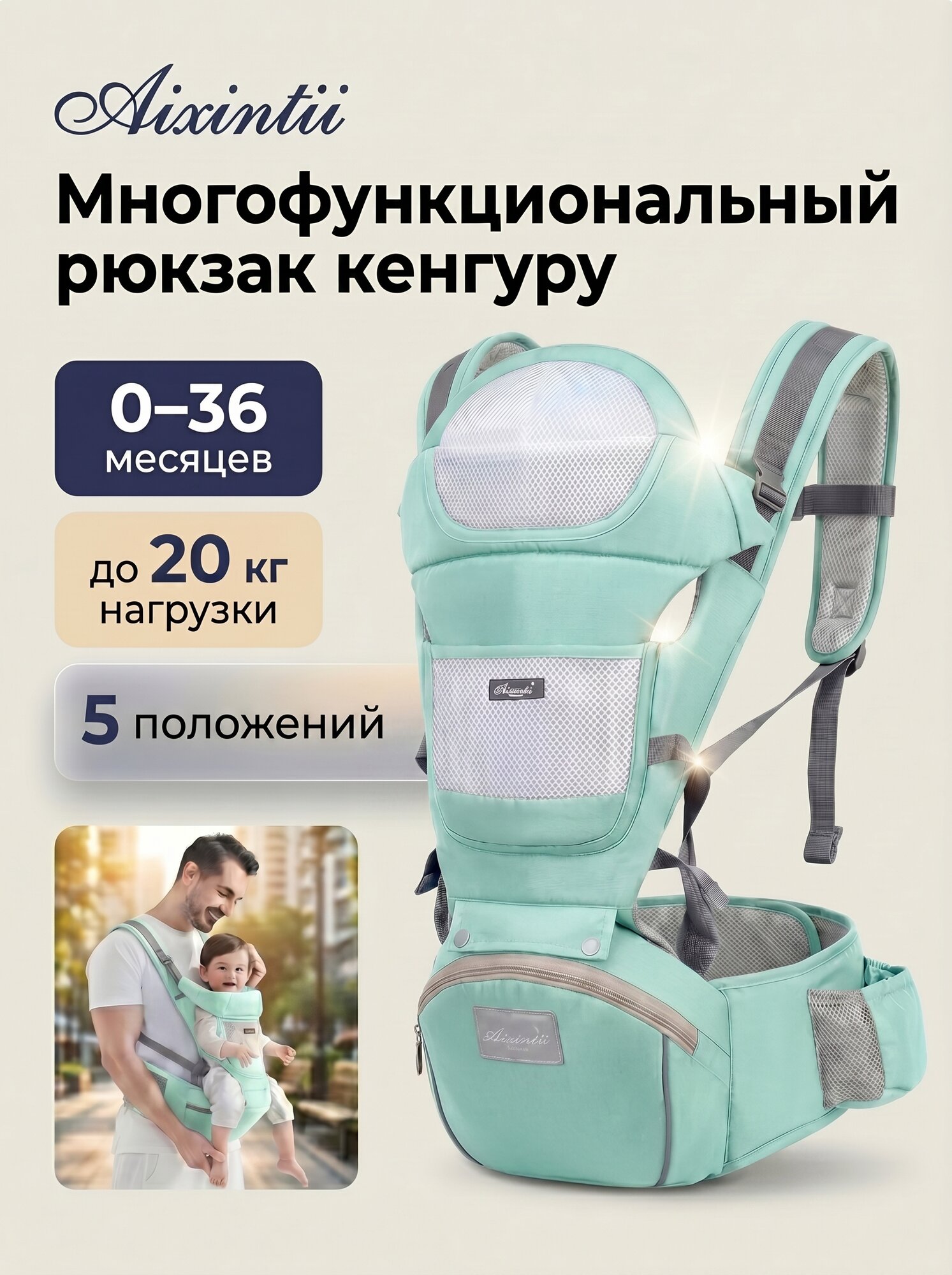 Эргорюкзак Aixintu, кенгуру переноска для новорожденных, дышащая сетчатая ткань, до 36 мес, нагрузка до 20 кг