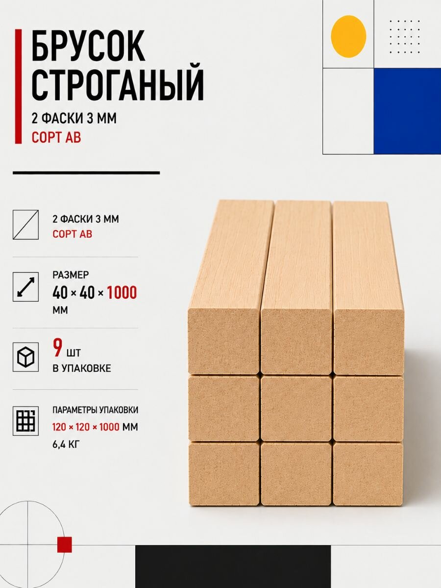 Брусок строганый 2 Фаски 3 мм сорт АВ, 40х40х1000, 9шт, хвойных пород