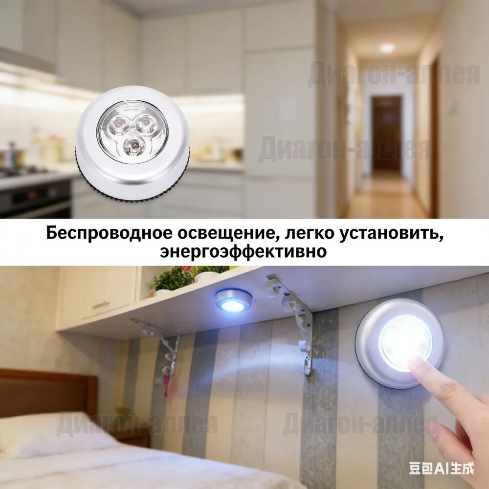 Светодиодный нажимной светильник 3 шт для шкафа и багажника авто, беспроводной, 3 LED, крепление на липучку