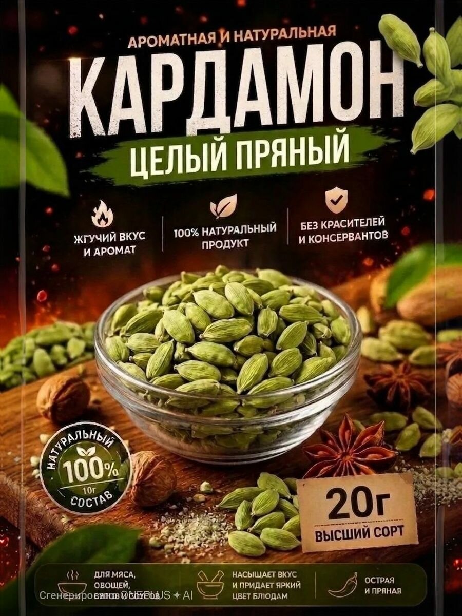 Кардамон целый зеленый, зёрна, 20гр