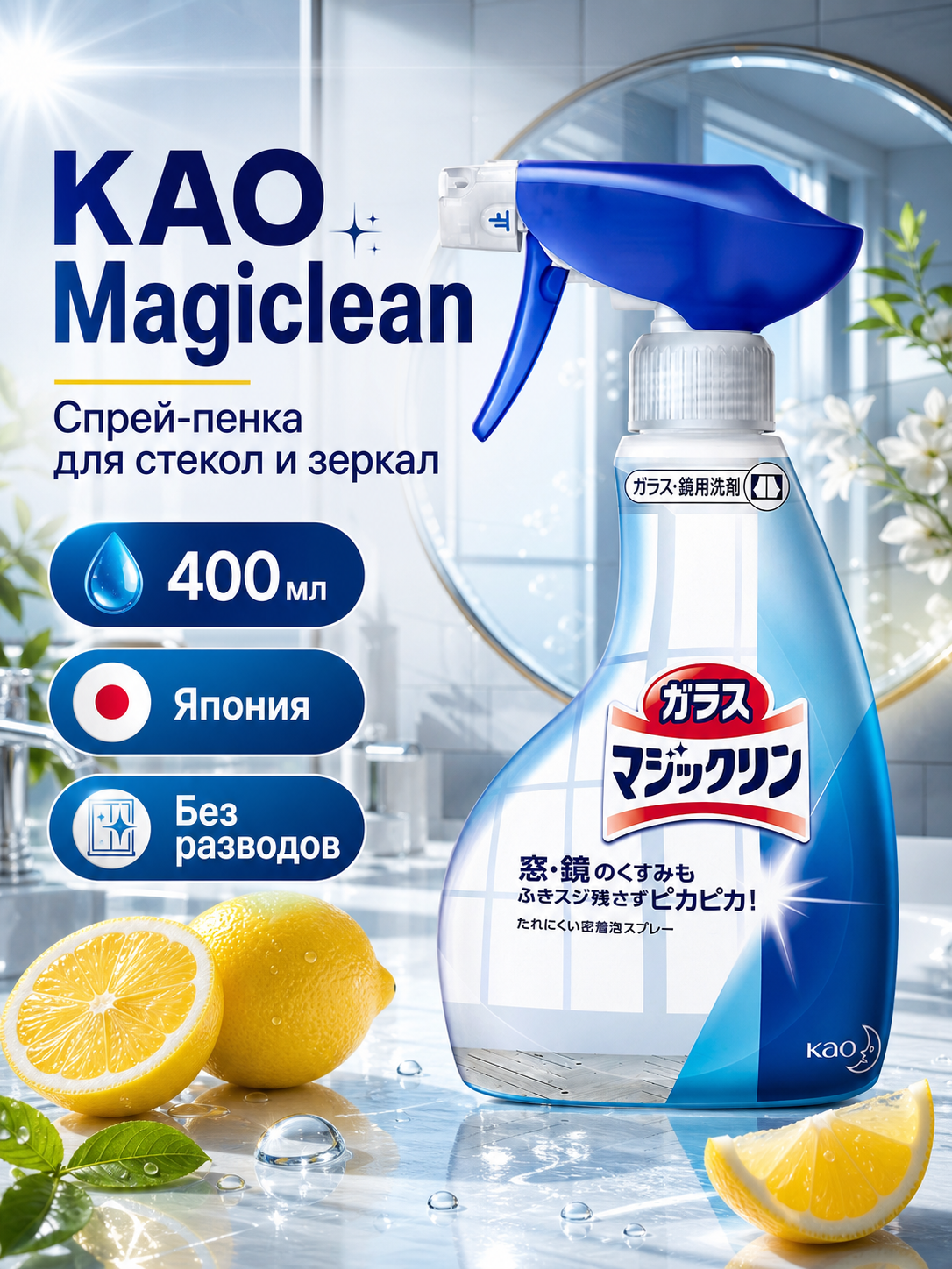 Средство для стекол и зеркал KAO Magiclean Bath лимон, 400 мл