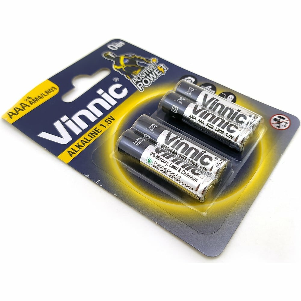 Алкалиновые щелочные батарейки VINNIC LR03 (AAA) 1.5В блистер/4 штуки 4898338006612 — фото 1