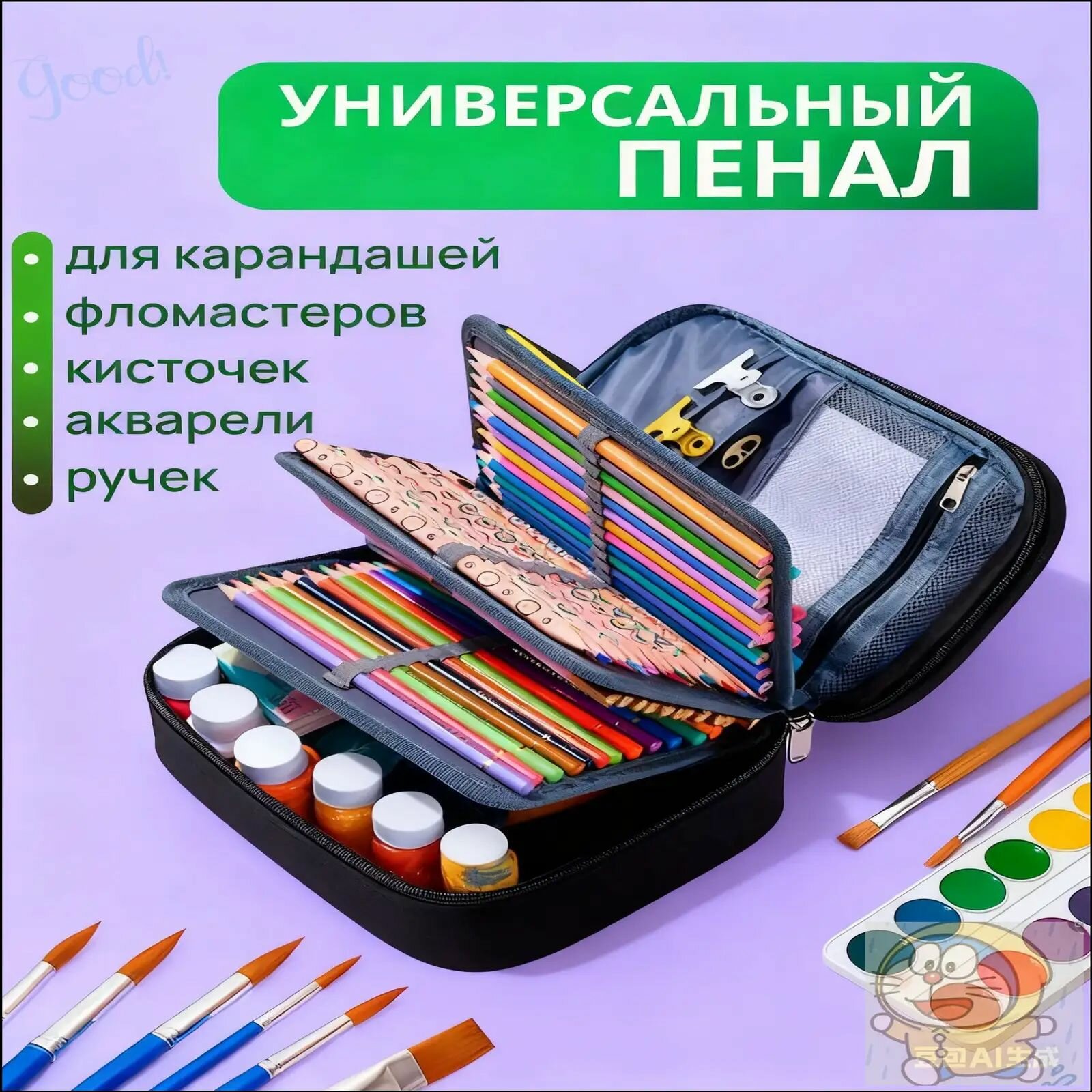 Пенал-органайзер для карандашей и фломастеров, прямоугольная форма, текстиль, черно-серый цвет, универсальный размер 230