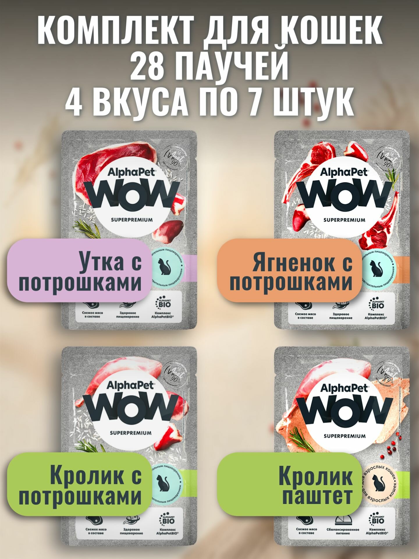 AlphaPet / Комплект для взрослых и кошек с чувствительным пищеварением (утка, ягненок и кролик с потрошками, кролик паштет) 28 шт х 85 гр