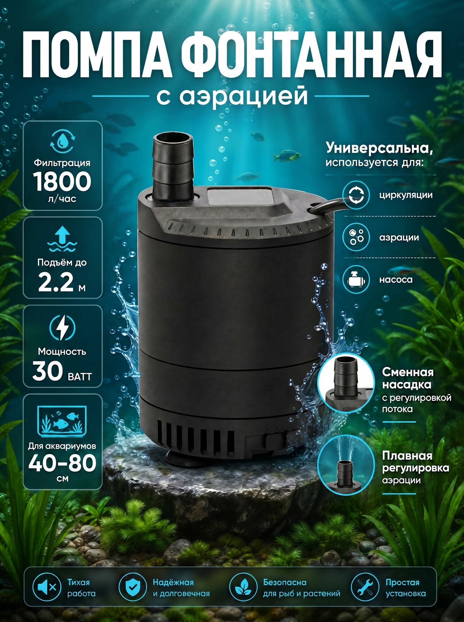 Погружной насос 1800 л/ч для аквариума, фонтана, пруда с аэрацией и регулировкой напора 2.2 м, 30 Вт, тихий энергосберегающий