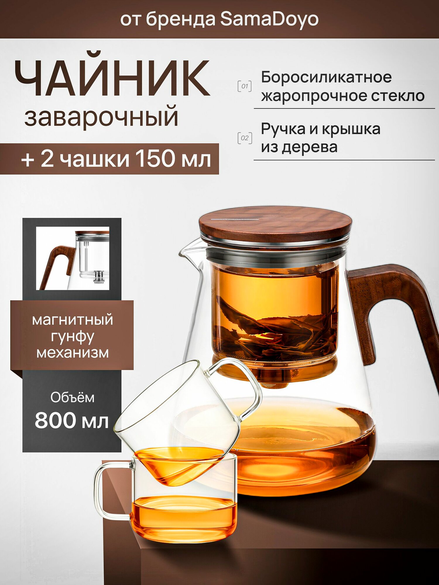 Комплект SamaDoyo Чайник заварочный гунфу Bonston Premium из боросиликатного стекла 800 мл + 2 чашки для чая 150 мл