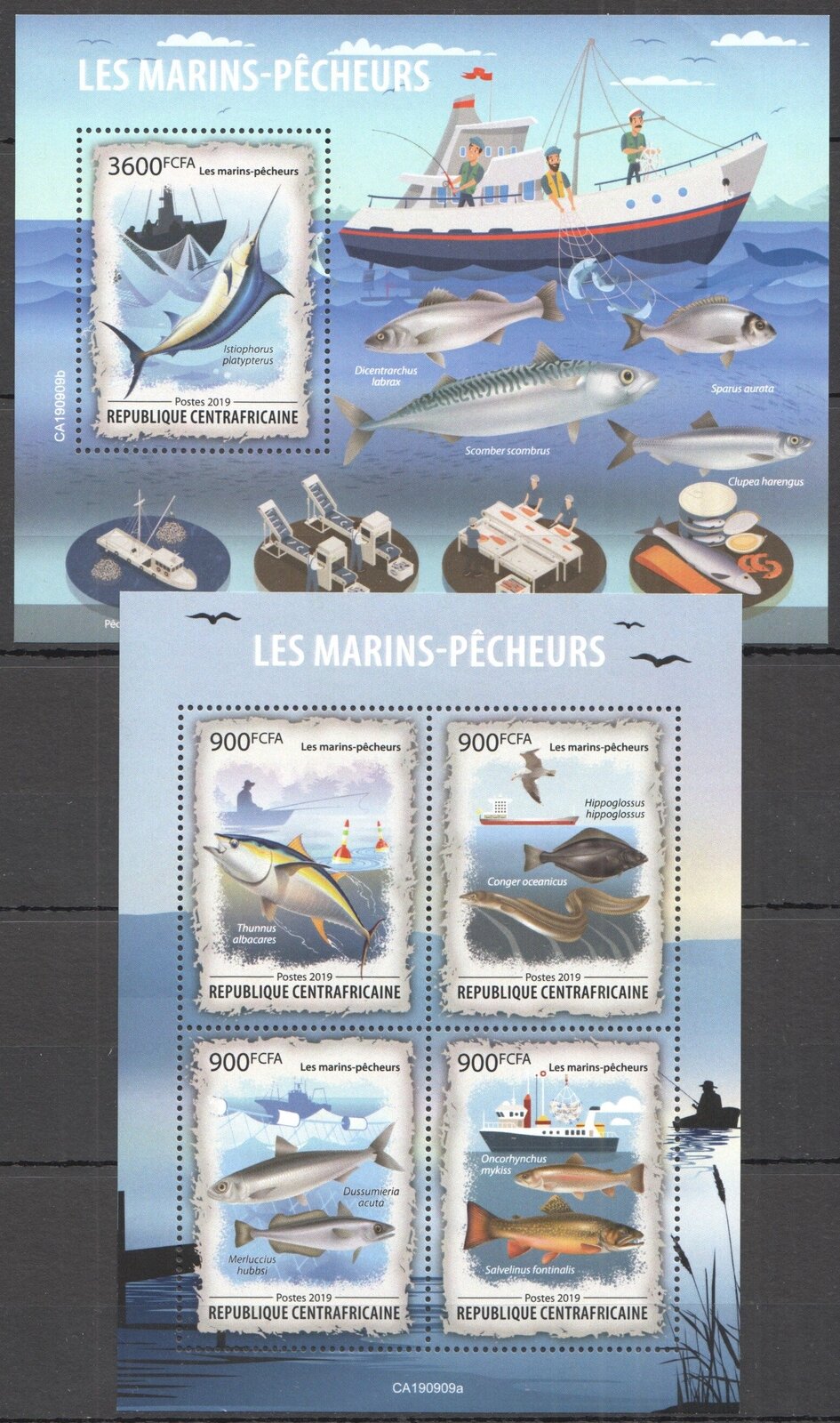Марки 2019 год Центральная Африка Рыбалка Рыбы Морская жизнь Фауна #9216-9219+Bl2040 Mnh