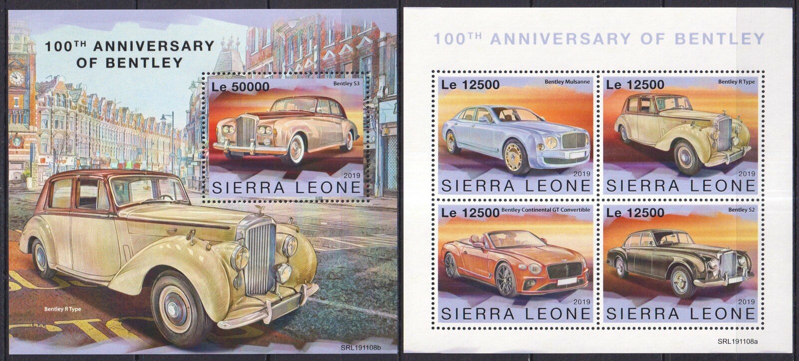 Марки 2019 год Сьерра-Леоне Bentley Машины Автомобили #11815-11818+Bl1868 Mnh