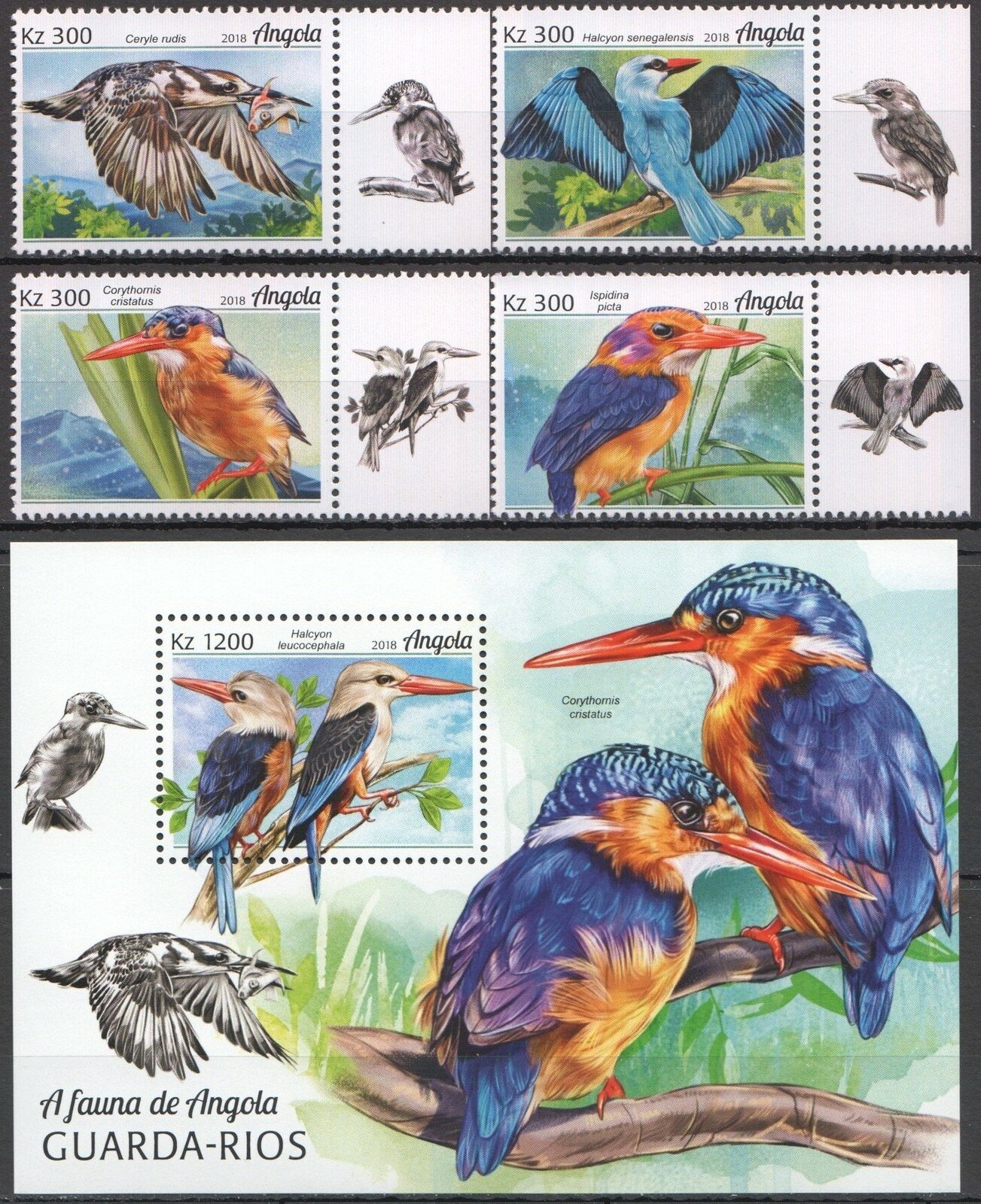 Марки 2018 год Ангола Зимородки Птицы Фауна #1986-1989+Bl163 Mnh