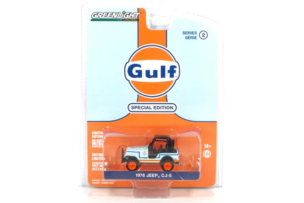 Модель коллекционная GREENLIGHT Jeep CJ-5 "gulf oil" 1976 blue/orange (длина модели 6-10 см)