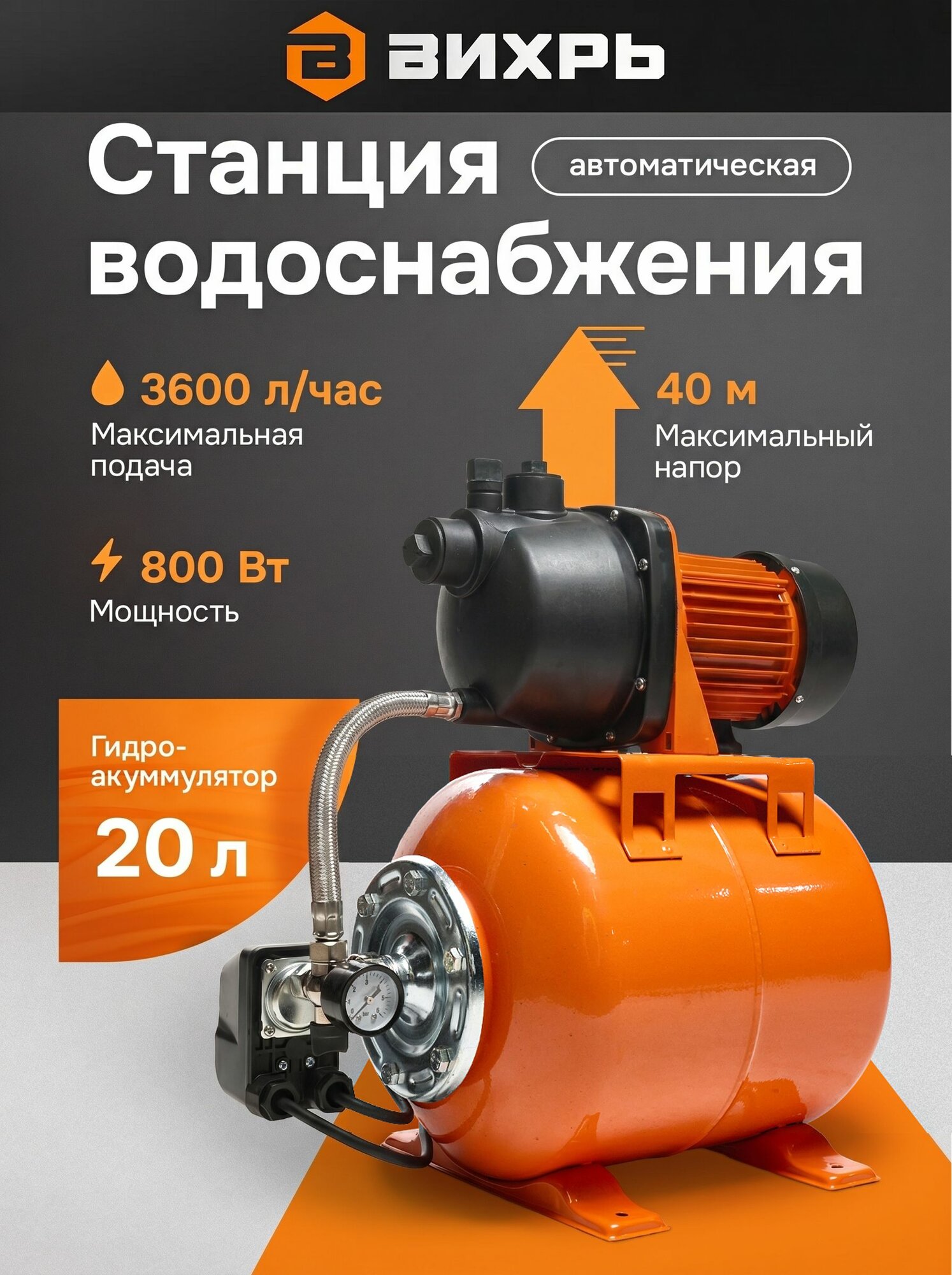 Насосная станция для воды АСВ-800/20 Вихрь, бак 20л, напор 40м, 800вт, 60л/мин