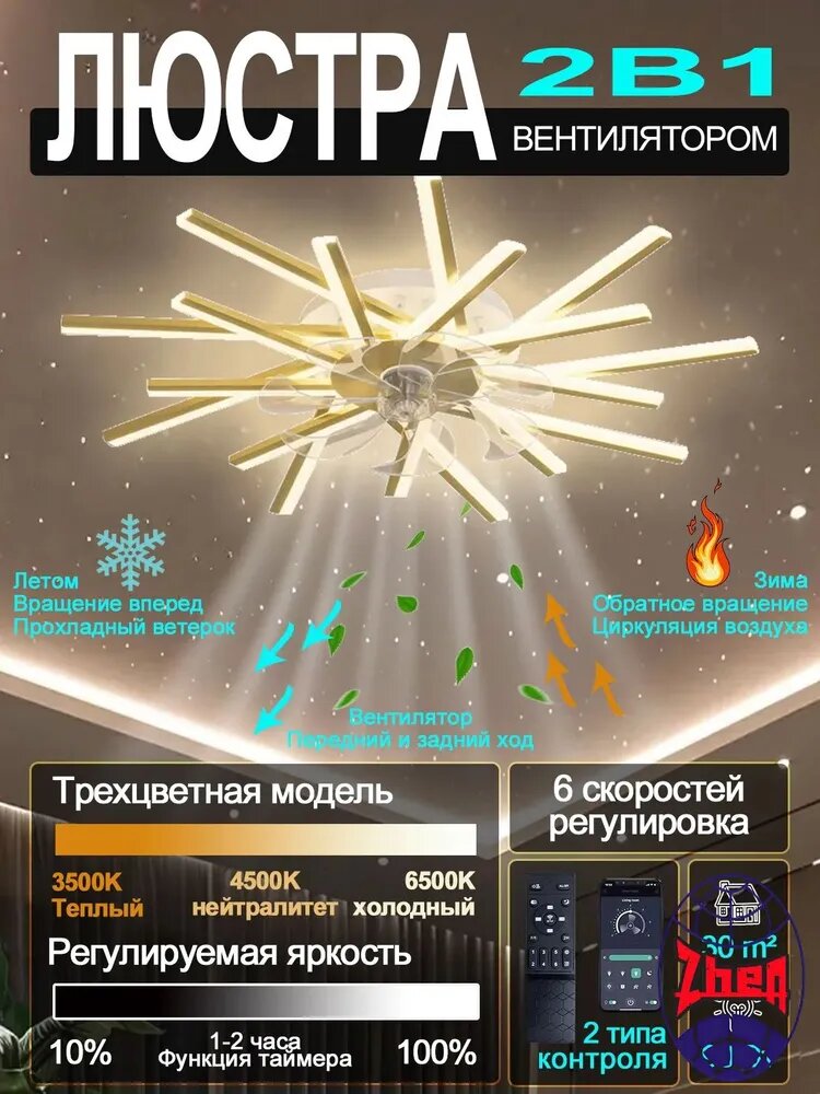 Люстра 2в1 с вентилятором, 90 Вт, золотая, современный дизайн, 30 м², светодиодная, пульт ДУ