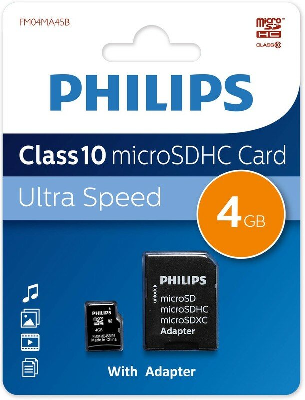 Флеш карта microSD 4GB PHILIPS microSDHC Class 10 (SD адаптер)