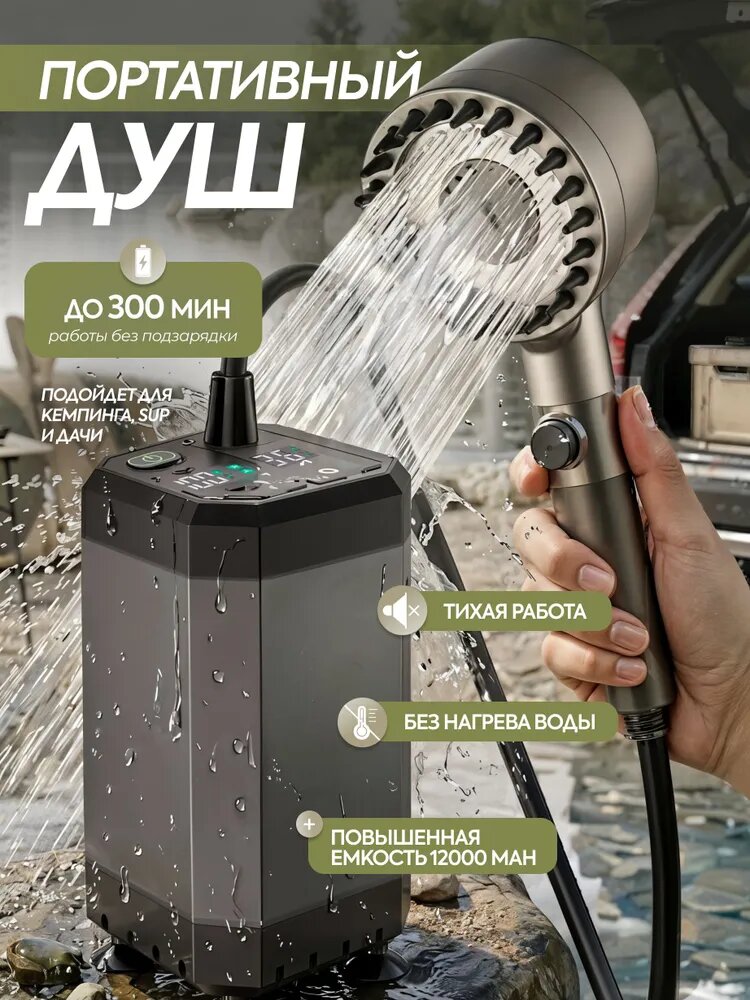 Летний походный душ аккумуляторный, портативный душ, туристический душ переносной для дачи 12000мач