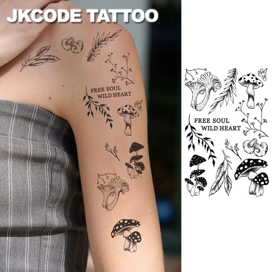 Временная татуировка JKCODE TATTOO с лесными грибами и листьями