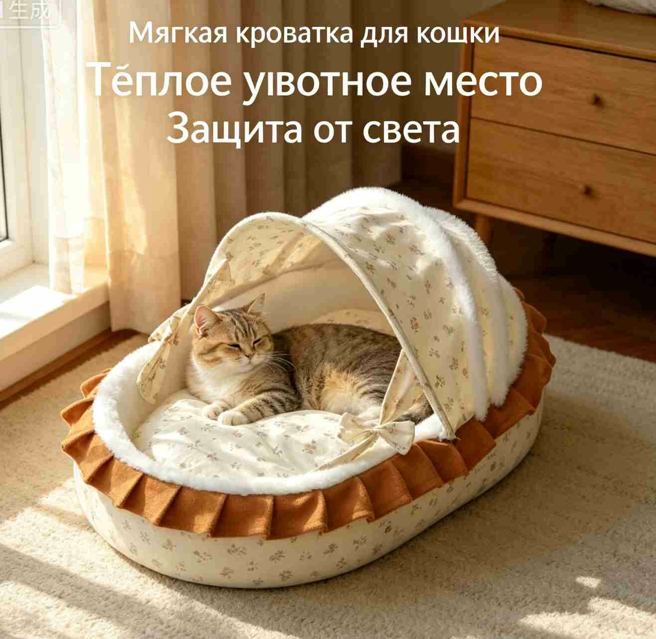 Плоская кошачья лежанка во французском стиле, теплая зимой, с тентом