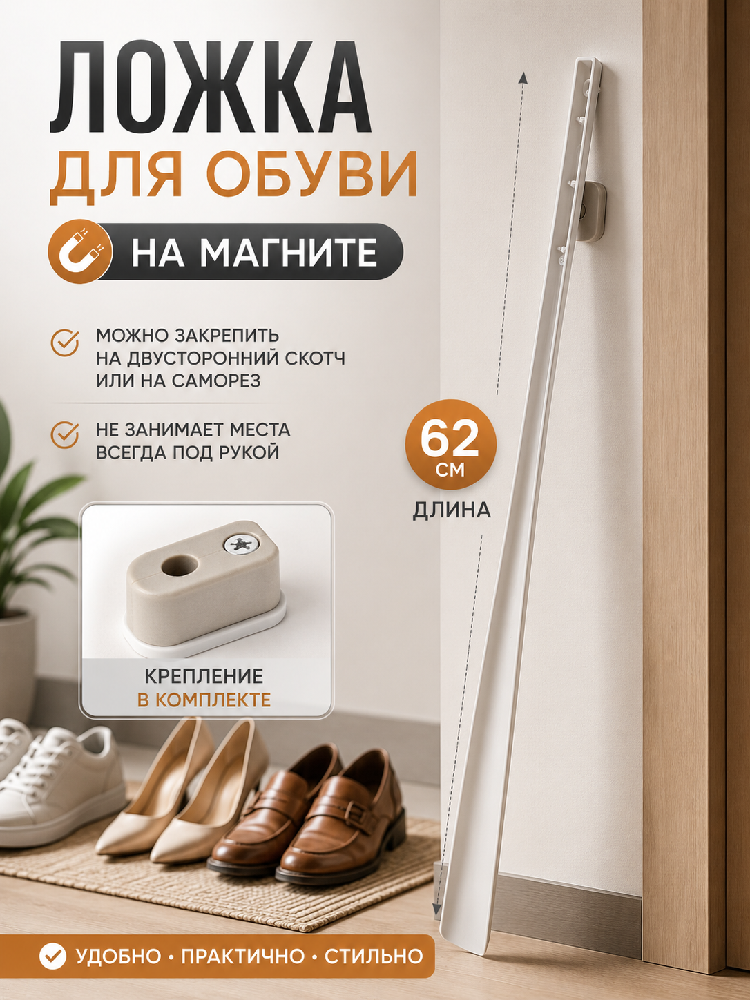 Ложка для обуви длинная пластиковая белая 63см, рожок для обуви на магните белый