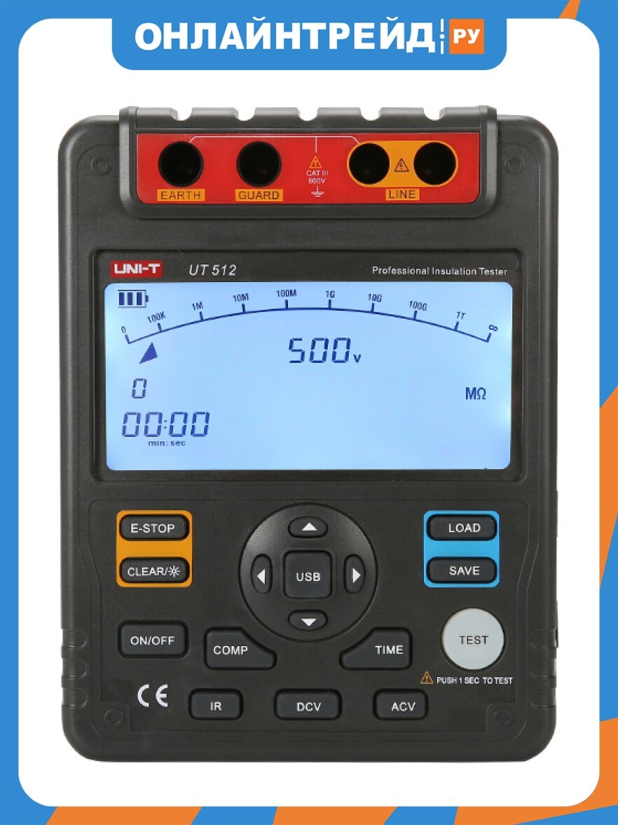 Измеритель сопротивления изоляции Uni-t цифровой UT512, порт USB, 500В/1000В/1500В/2500В, 0,5МОм/100ГОм