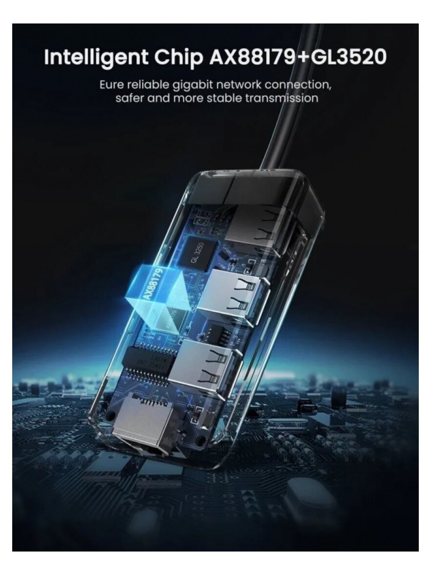 Хаб (разветвитель) Ugreen 4 в 1 (HUB), 3 x USB 3.0, RJ45, черный(20265)