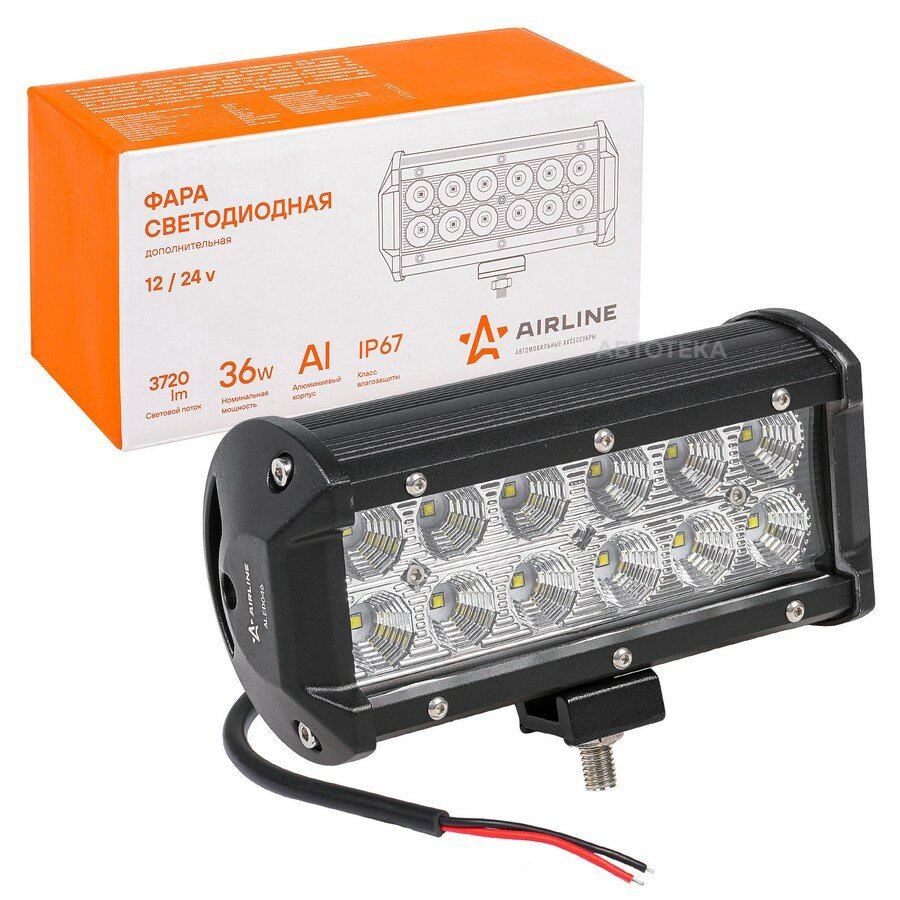 Фара светодиодная балка двухрядная AIRLINE ALED046 12 LED рассеяный свет, 36W (165х78х65) 12/24V