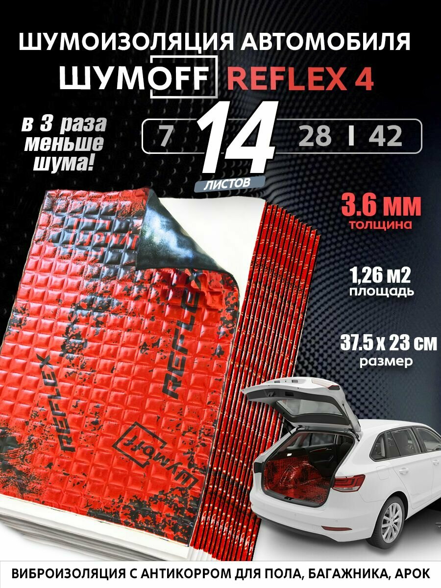 Виброизоляция для автомобиля Шумофф Reflex 4 (14 листов 3,6мм) 37,5х23см. Шумоизоляция автомобиля самоклеющаяся рефлекс для пола, арок, багажника виброизоляция пола виброизоляция арок виброизоляция багажника