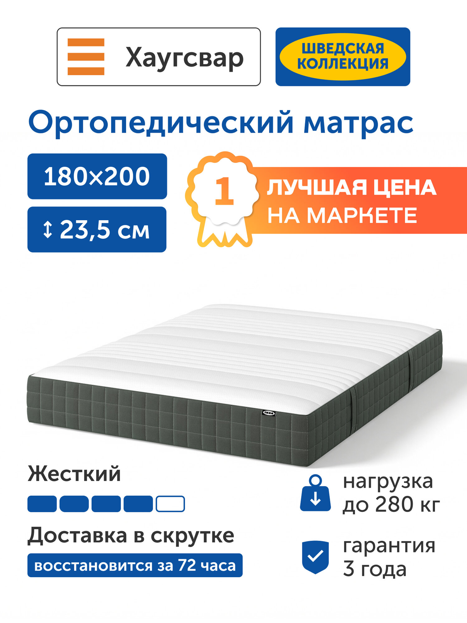 Ортопедический матрас IKEA/икеа Хаугсвар, независимые пружины, 180х200 см