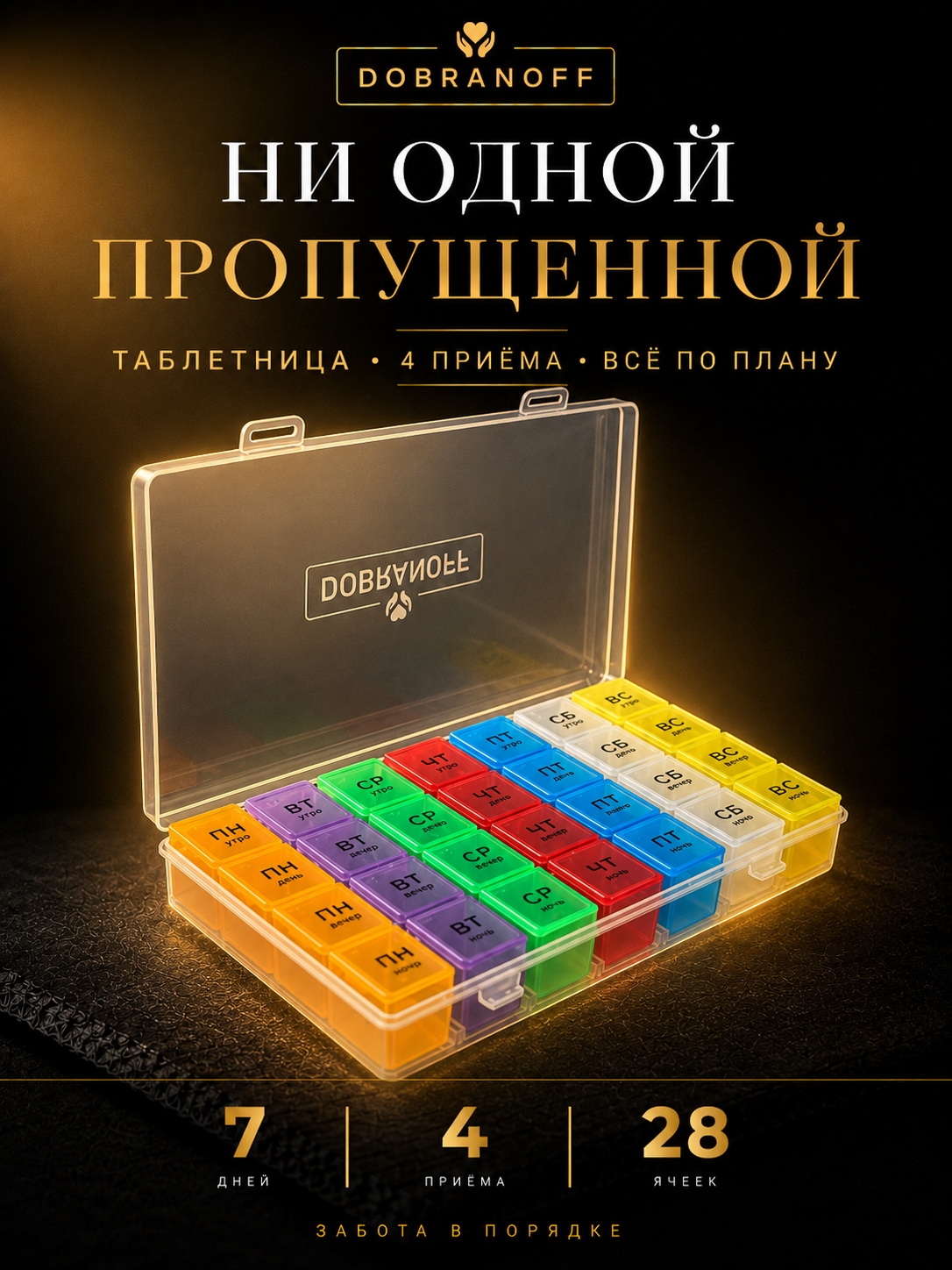 Таблетница Dobranoff на неделю 7 дней 4 приема, 28 ячеек, разборный органайзер для лекарств и витаминов