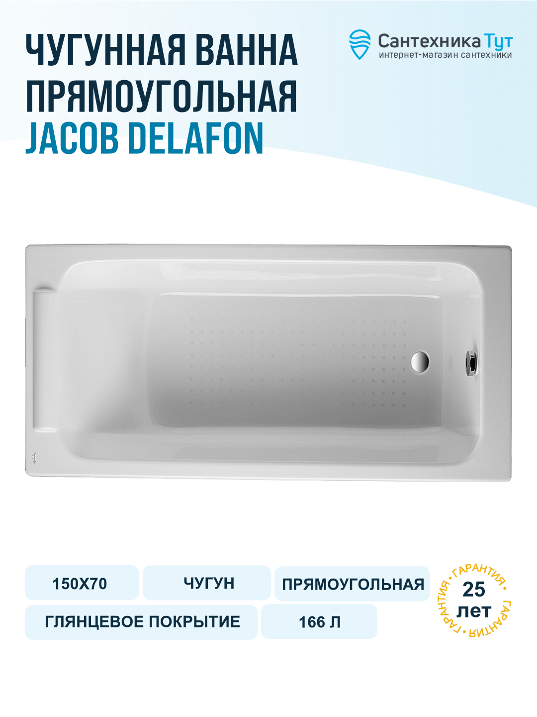 Ванна чугунная Jacob Delafon Parallel 150x70 E2946-00 с антискользящим покрытием, белая