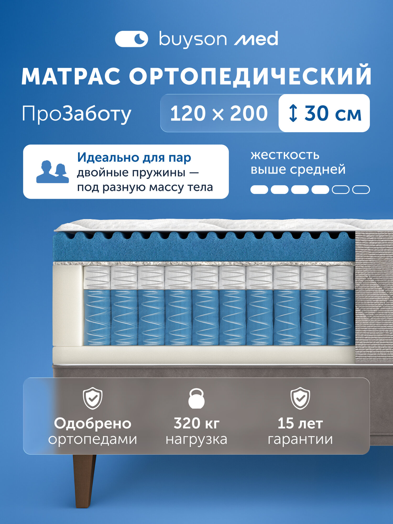 Ортопедический матрас buyson med ПроЗаботу 120x200 см, независимые пружины