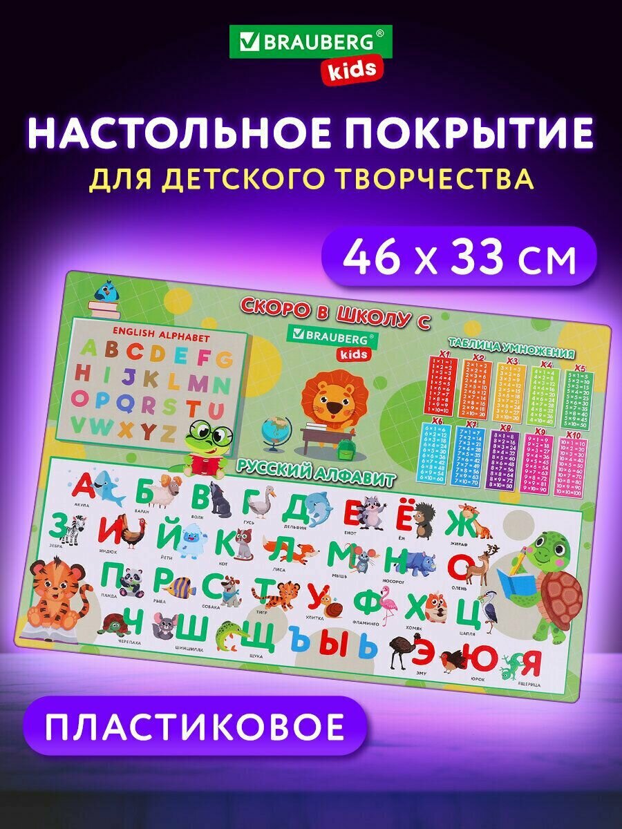 Клеенка на стол детская для труда и рисования, подложка на стол письменный с таблицей умножения и алфавитом, коврик настольный для творчества А3+, 46x33 см, пластик, Kids Back to school клеенка на сто