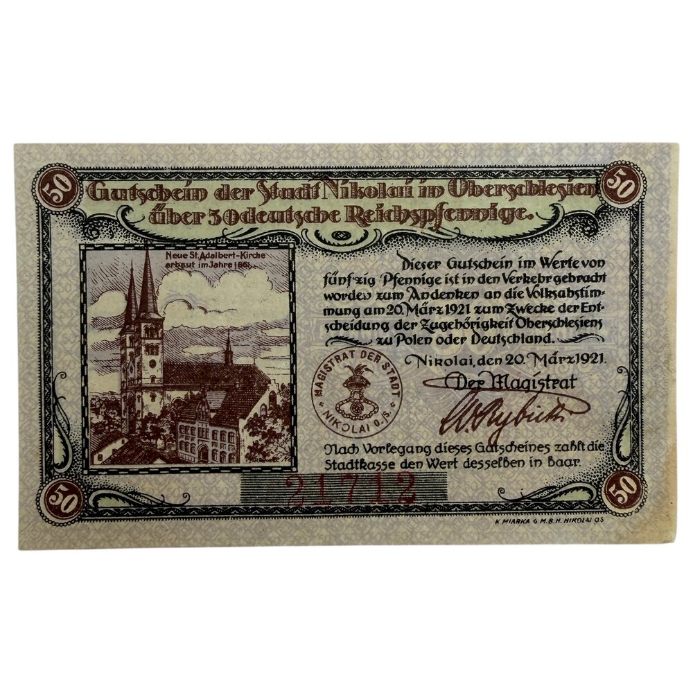 Германия (Веймарская республика) Николай (Миколув) 50 пфеннигов 1921 г.