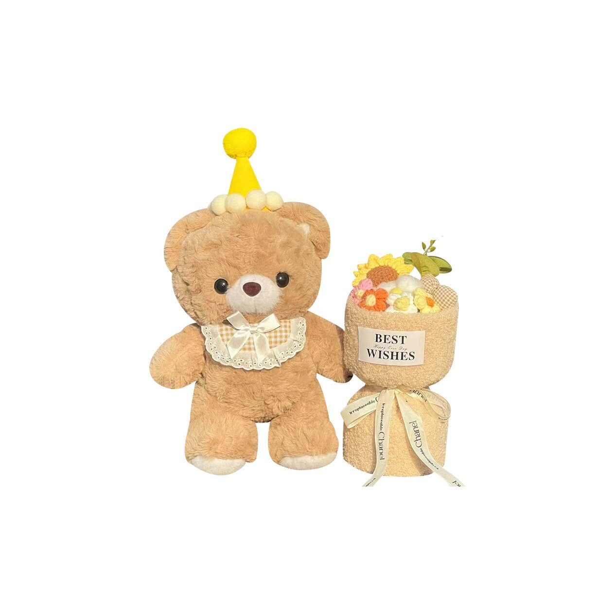 Плюшевая кукла унисекс LELEYU Медвежонок Мокка, 30CM EU, Birthday Bear+Knitted Fabric Bouquet
