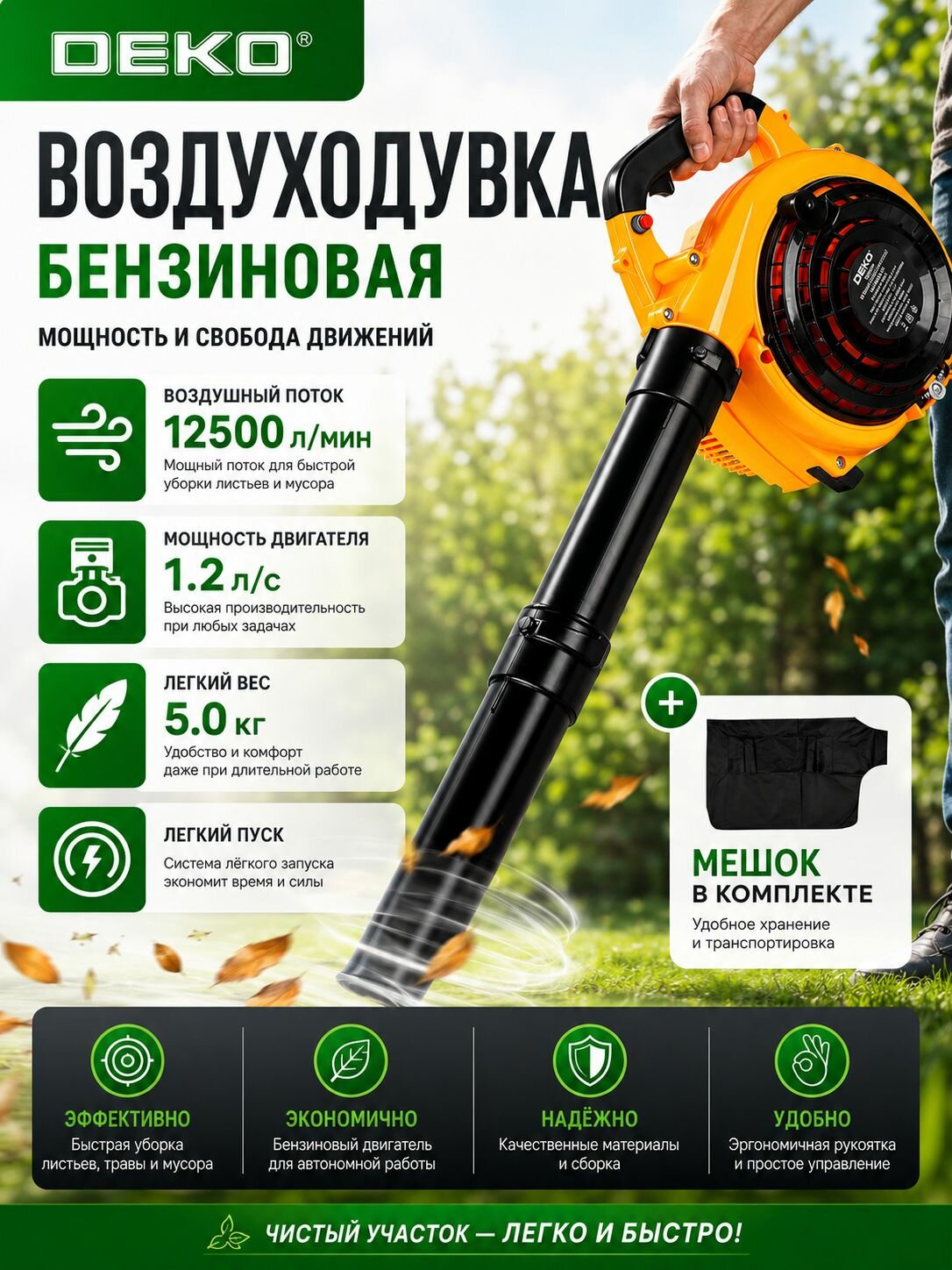 Воздуходувка-пылесос бензиновая DEKO DKBL25VDR, легкий пуск, 1,2 л. с. всасывание и измельчение, садовая ветродуйка от снега и листьев