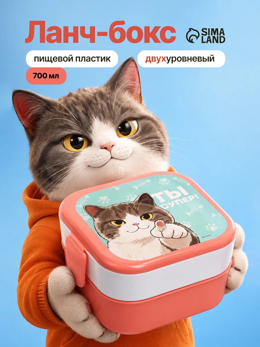 Ланч-бокс Сима-Ленд "Котик", двухуровневый, розовый, пластик, 700мл