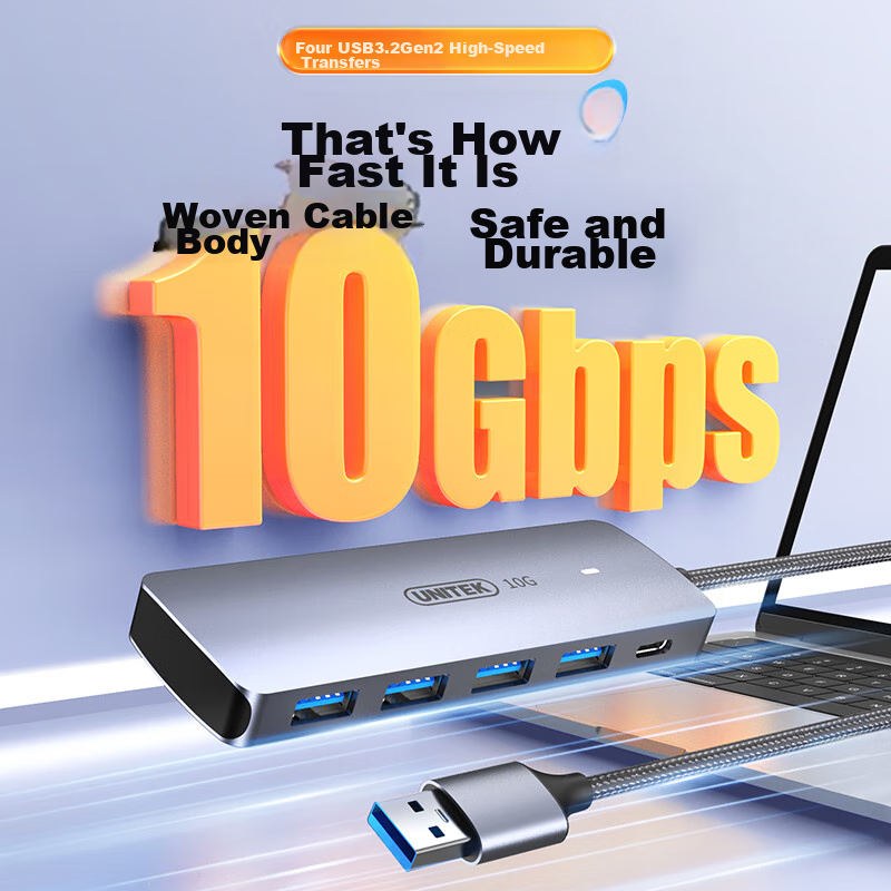 UNITEK USB3.2 хаб 10G высокоскоростной расширитель с питанием Type-C 1M кабель для настольных компьютеров Цвет：Черный
