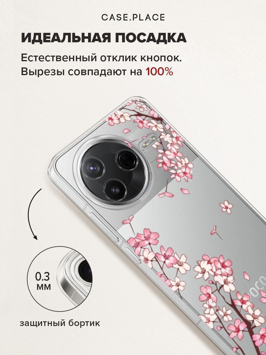 Чехол на Poco F7 Pro / Поко F7 Про с принтом "Ветви сакуры 1", прозрачный — фото 1