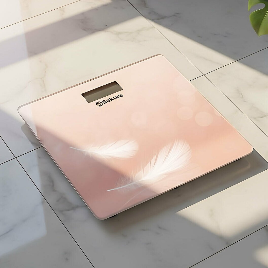 Весы напольные электронные до 180кг "Перья" ultraslim, стекло, светло-розовые, lcd дисплей, квадратная форма