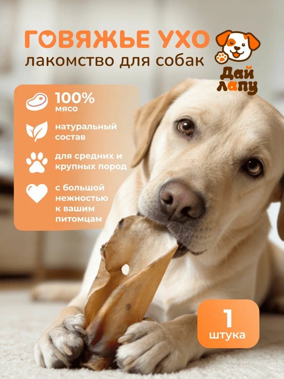 Говяжье ухо сушенное 1 шт, лакомство для собак ДАЙ лапу , вкусняшки для собак мелких, средних, крупных пород