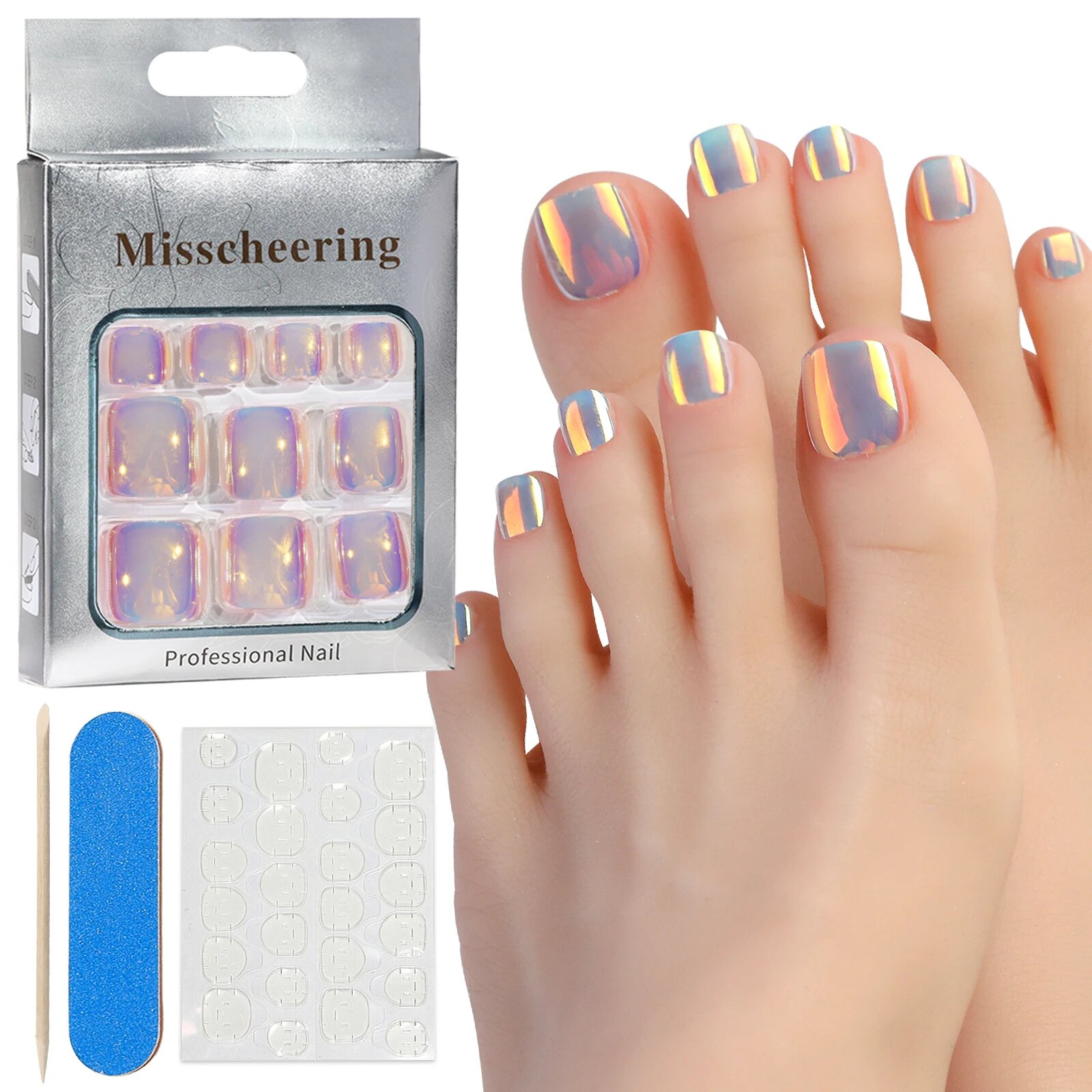 Накладные ногти Misscheering синие-белые кошачий глаз короткие квадратные 03