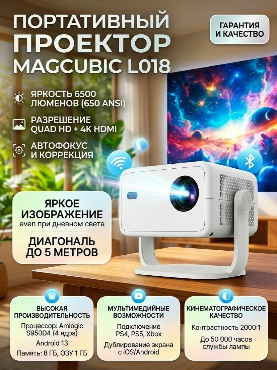 Проектор для фильмов, смарт проектор 4К, Wi-Fi, Bluetooth, Full HD, яркая проекция