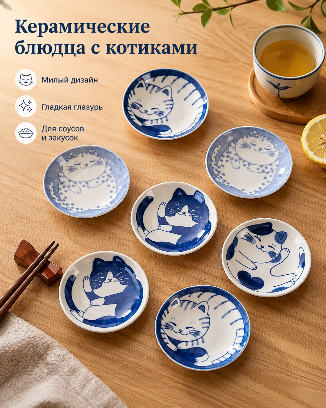 Керамическая тарелка Счастливый кот 10 см 4 шт. / Керамическая тарелка для макания закусок в горячем горшочке