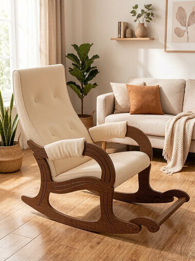 Кресло-качалка классическая K-home "Лорд" с подножкой, велюр Verona Vanilla, орех
