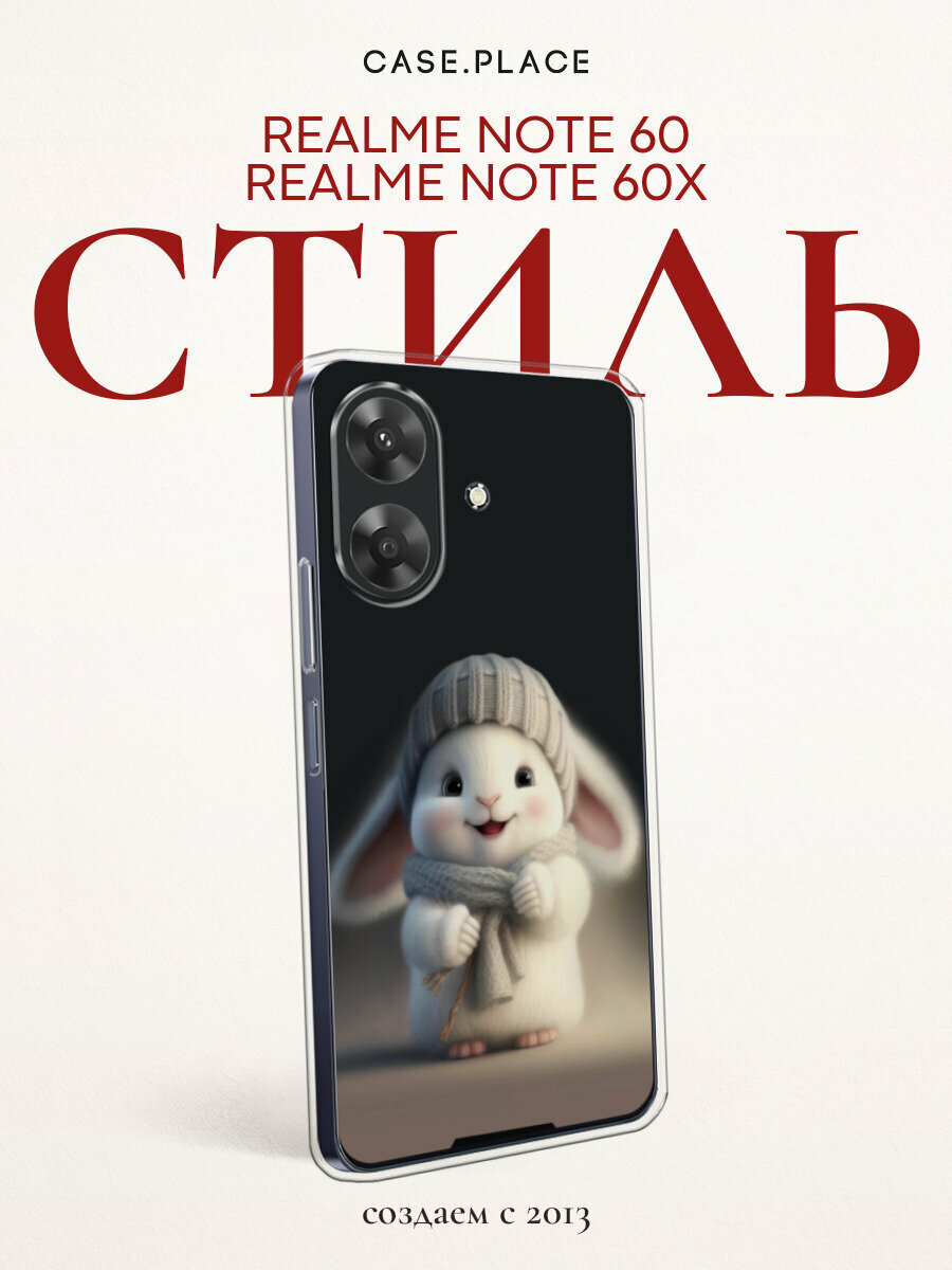 Чехол на Realme Note 60/60X / Реалми Нот 60/60X с принтом "Белый крольчонок в шапке"