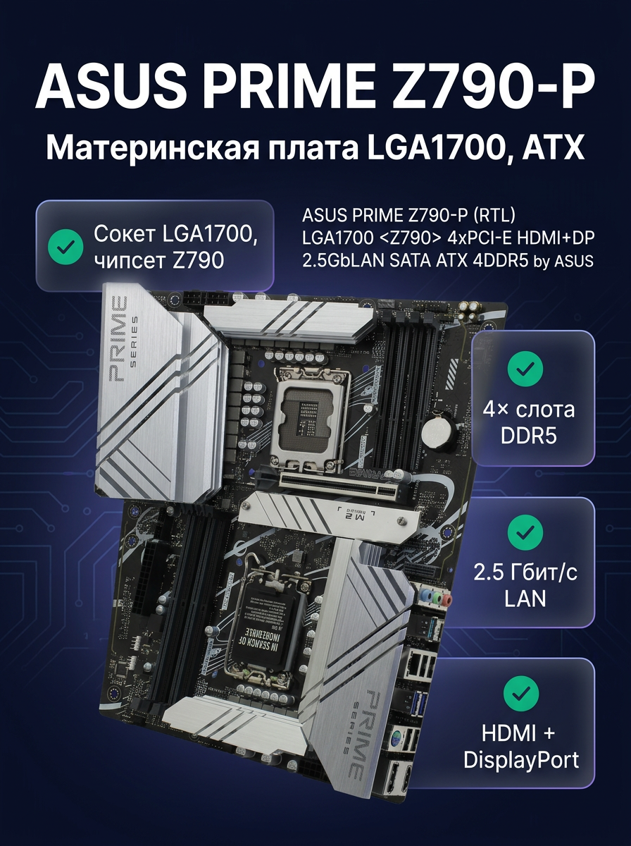 Материнская плата ASUS PRIME Z790-P, LGA1700, чипсет Intel Z790, DDR5, ATX, 2.5Gb LAN
