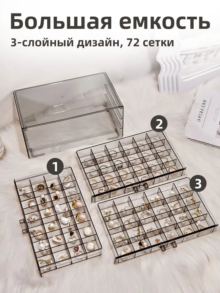 Шкатулка-комод Универсальная, шкатулка для украшений, пластик, 72 секции, 24x24x11 см — фото 1