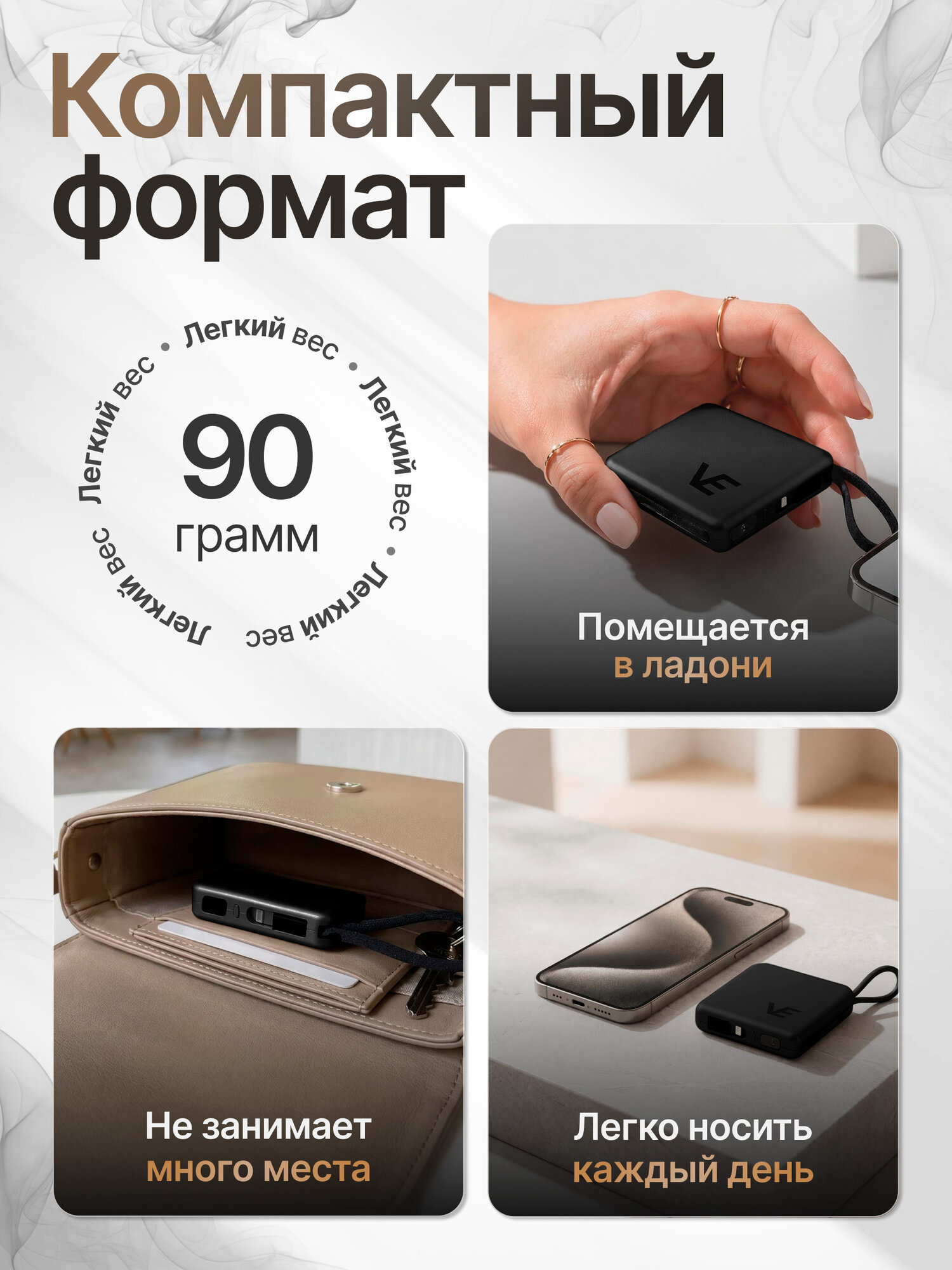 Внешний аккумулятор повербанк с проводами 10000 mAh, Type C, Lightning