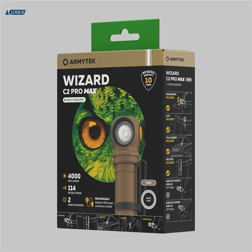 Armytek Wizard C2 Pro Max Olive Stand Белый 4000 лм Магнитный USB-налобный фонарь с чехлом